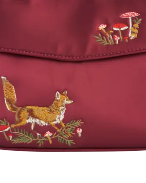 FABLE ENGLAND Fox & Mushroom Embroidered Burgundy Satin Tote - Red