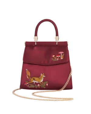 FABLE ENGLAND Fox & Mushroom Embroidered Burgundy Satin Tote - Red