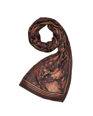 FABLE ENGLAND Deco Blooms Brown Stripe Border Midweight Scarf Black