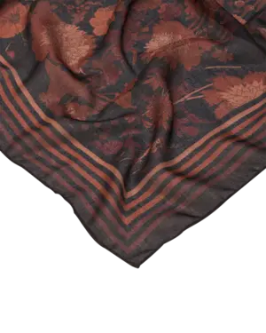FABLE ENGLAND Deco Blooms Brown Stripe Border Midweight Scarf - Black