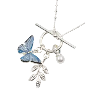 FABLE ENGLAND Butterfly T-bar Necklace - Blue & Silver