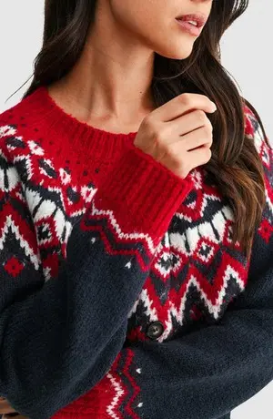 ALL IN FAVOR Fair Isle Cardigan - Navy Red