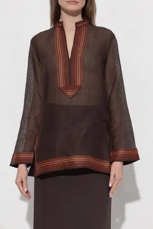 Tory Burch Linen Top With Trim - Brown