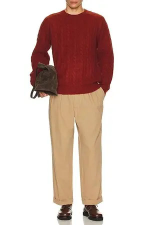 BEAMS Crew Cable 5g Sweater - Brick
