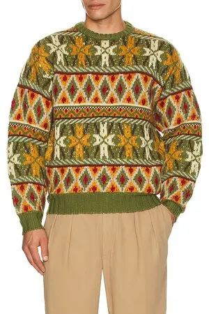 BEAMS Crew Fair Isle Pattern 3g Sweater - Green