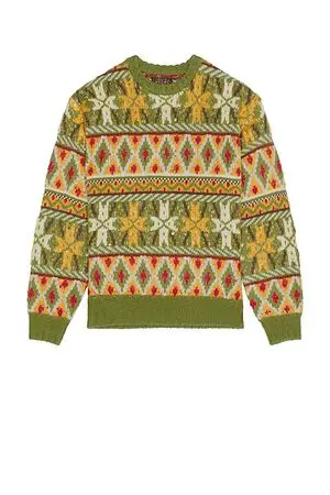 BEAMS Crew Fair Isle Pattern 3g Sweater - Green