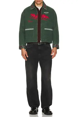 FOUND Jockey Club Embroidered Work Jacket - Forest Green