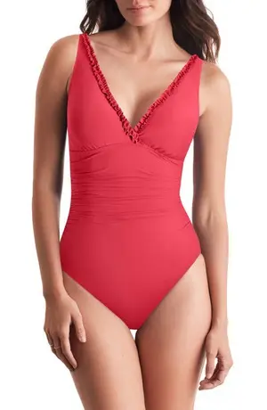 MIMI FLAMINGO Sonny Ruffle Surplice V-neck One-piece Swimsuit - Hot Coral