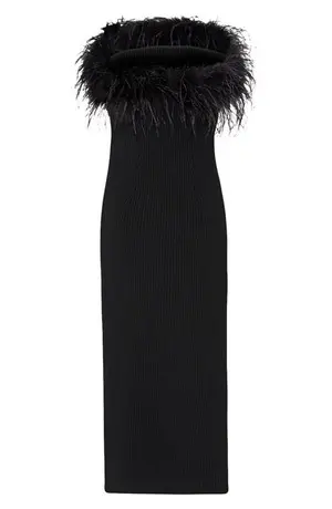 MILLY Feather Detail Strapless Midi Dress