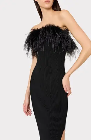 MILLY Feather Detail Strapless Midi Dress