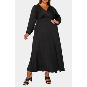 L I V D Surplice Neck Long Sleeve Satin Maxi Dress - Black
