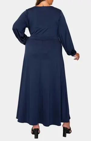 L I V D Surplice Neck Long Sleeve Satin Maxi Dress - Navy