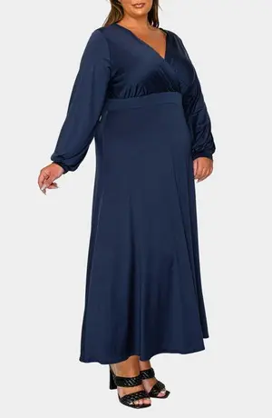 L I V D Surplice Neck Long Sleeve Satin Maxi Dress - Navy