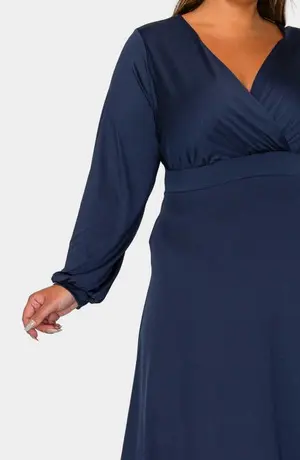 L I V D Surplice Neck Long Sleeve Satin Maxi Dress - Navy