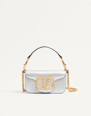 Valentino Garavani Locò Small Shoulder Bag In Laminated Calfskin With Jewel Logo - Silver