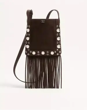 Valentino Garavani Nellcôte Small Shoulder Bag In Suede With Fringe - Brown