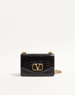 Valentino Garavani Vain Small Shoulder Bag In Crocodile Leather - Black