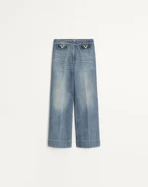 Valentino Garavani Trousers With V Gold Detail - Blue