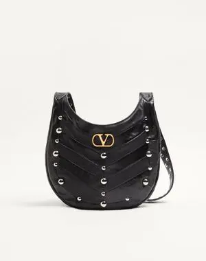 Valentino Garavani Small Nappa Leather Hobo Bag With Chevron Pattern And Studs - Black