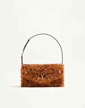 Valentino Garavani Small Shoulder Bag In Lamb Fur With Rhinestones - Brown/multicolour