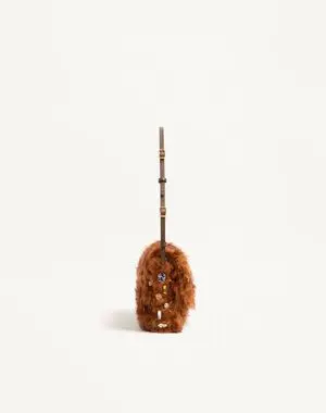 Valentino Garavani Small Shoulder Bag In Lamb Fur With Rhinestones - Brown/multicolour