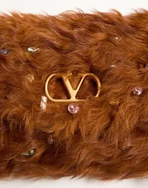 Valentino Garavani Small Shoulder Bag In Lamb Fur With Rhinestones - Brown/multicolour