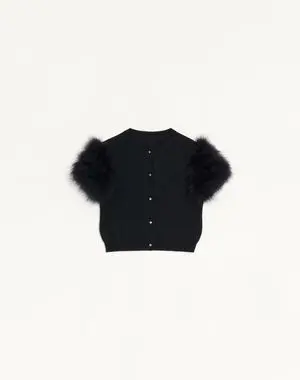 Valentino Garavani Wool Knit Cardigan With Feather Trim - Black