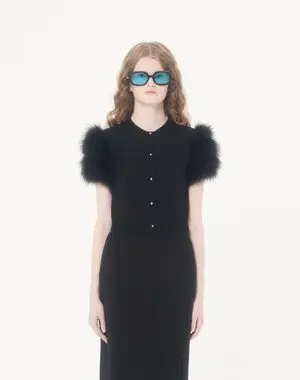 Valentino Garavani Wool Knit Cardigan With Feather Trim