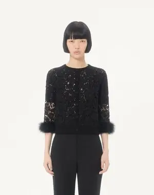 Valentino Garavani Lace And Feather Boa Cardigan