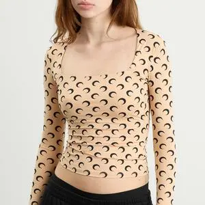 MARINE SERRE Moon Printed Long Sleeve Squareneck Top - Tan
