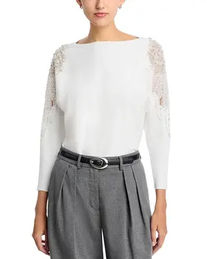 SIONI Illusion Lace Dolman Sleeve Sweater - Eggshell