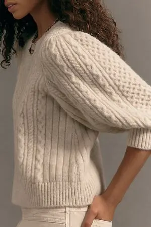 Maeve Puff-sleeve Crew-neck Cable-knit Sweater