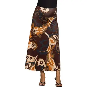 24SEVEN COMFORT APPAREL Printed Elastic Waist Maxi Skirt - Brown Multi