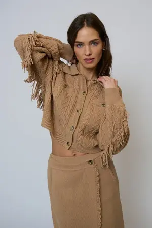 Central Park West Elyse Cabled Fringe Sweater Cardigan - Camel