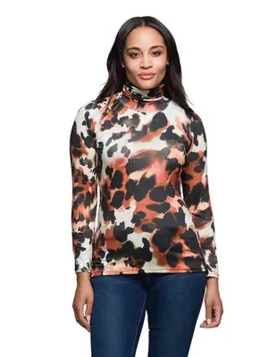 24SEVEN COMFORT APPAREL Long Sleeve Turtleneck Animal Print Top - Brown Multi