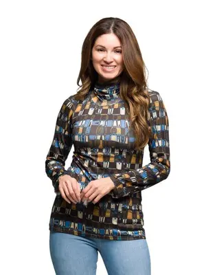24SEVEN COMFORT APPAREL Mock Neck Long Sleeve Printed Top - Brown Multi