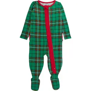 RUFFLEBUTTS Modal Blend Ruffle One Piece Footie Pajamas - Green Nicholas Plaid