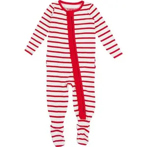 RUFFLEBUTTS Modal Blend Ruffle One Piece Footie Pajamas - Red & White Stripe