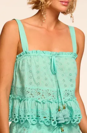 Ramy Brook Amina Tiered Cotton Eyelet Cover-up Shirt - Seaglass