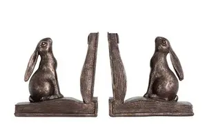 STORIED HOME Decorative Rustic Resin Rabbit On Book Bookends - Bronze