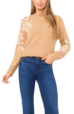 Halogen Embroidered Floral Long Sleeve Sweater - Latte Heather