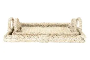 STORIED HOME Decorative Rattan Trays With Handles & Washed Finish - White