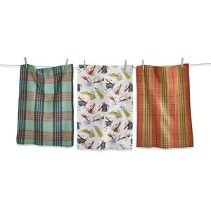 TAG Set Of 3 Fishing Flies Print Green Plaids Kitchen Towels - Multicolored
