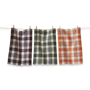 TAG Set Of 3 Autumn Plaid Dishtowels For Fall Kitchen Use - Multicolored
