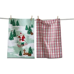 TAG Skiing Santa Dishtowel Set Of 2colorful Cotton Towels - Multicolored