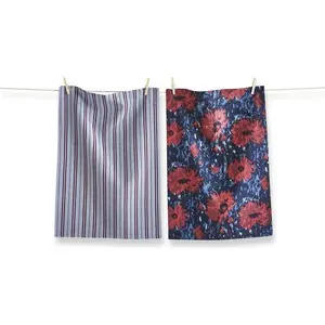 TAG Set Of 2 Bright Red Dahlia Kitchen Dishtowels Blue Stripe - Multicolored