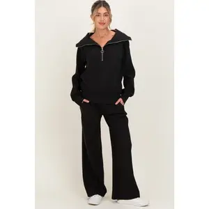 PINKBLUSH Ribbed Half Zip Pullover Wide Leg Pant Set - Black