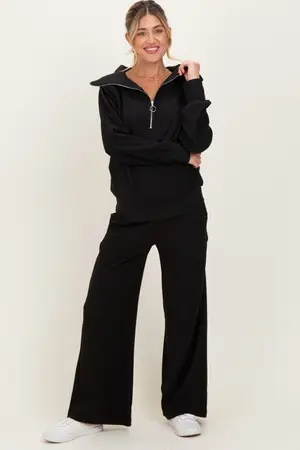 PINKBLUSH Ribbed Half Zip Pullover Wide Leg Pant Set - Black