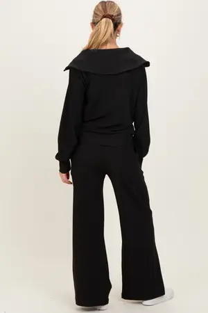 PINKBLUSH Ribbed Half Zip Pullover Wide Leg Pant Set - Black