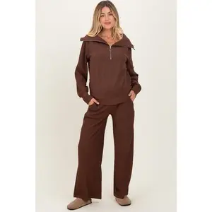 PINKBLUSH Ribbed Half Zip Pullover Wide Leg Pant Set